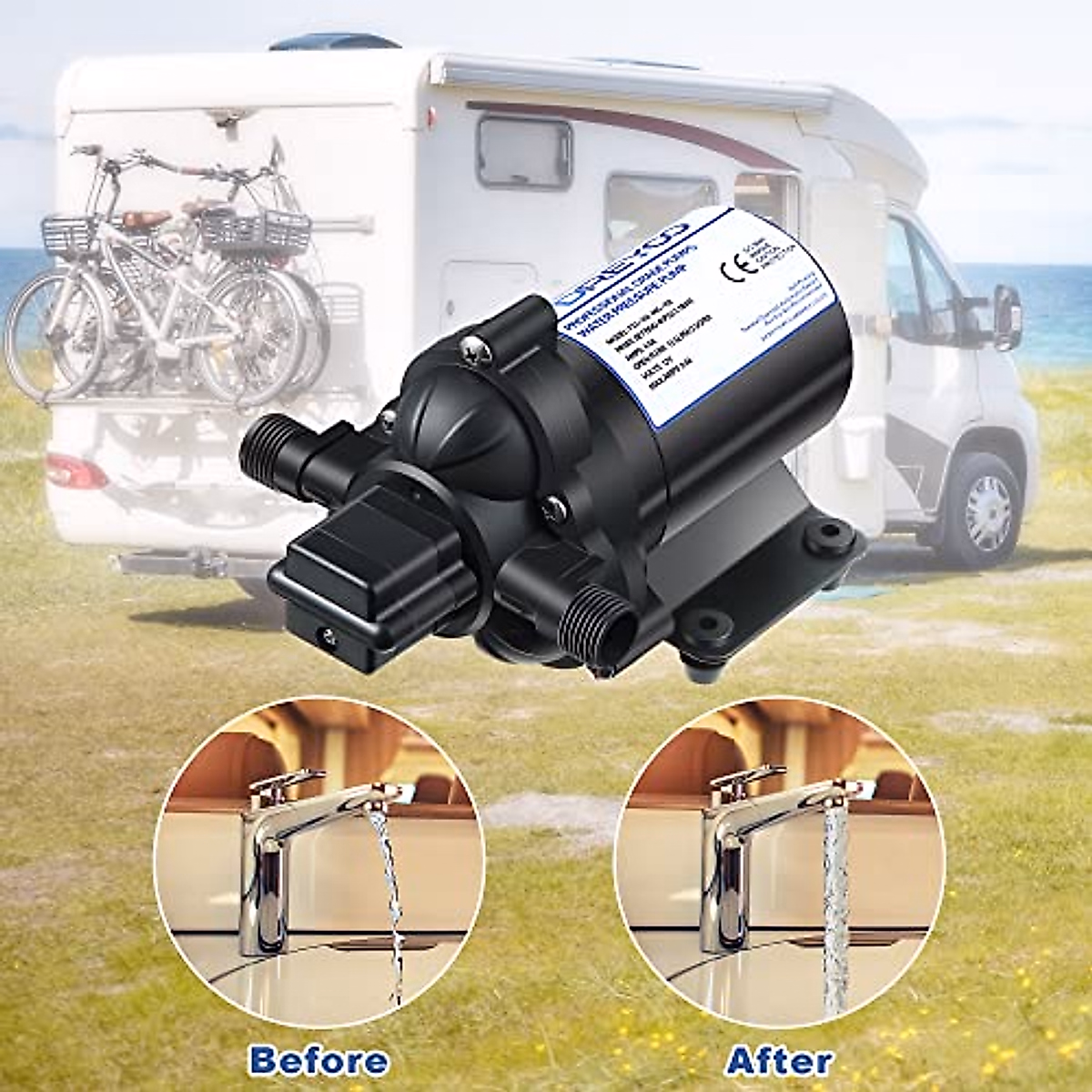 12V Diaphragm Water Pump with Pressure Switch, 3.5 Gpm 45 Psi 12 Volt Pump Self Priming with 50 Mesh Strainer Filter And 2 Hose Clamps, Automatic Water Pump for RV, Garden Hose Booster, Sprayer