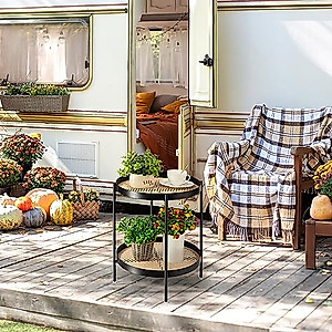 danpinera Black Side Table, 2 Tier Removable Tray Imitation Rattan Table for Living Room, Small Round Table for Bedroom, Small Metal Table for Nightstand 20.47 Inch x 16.54 Inch