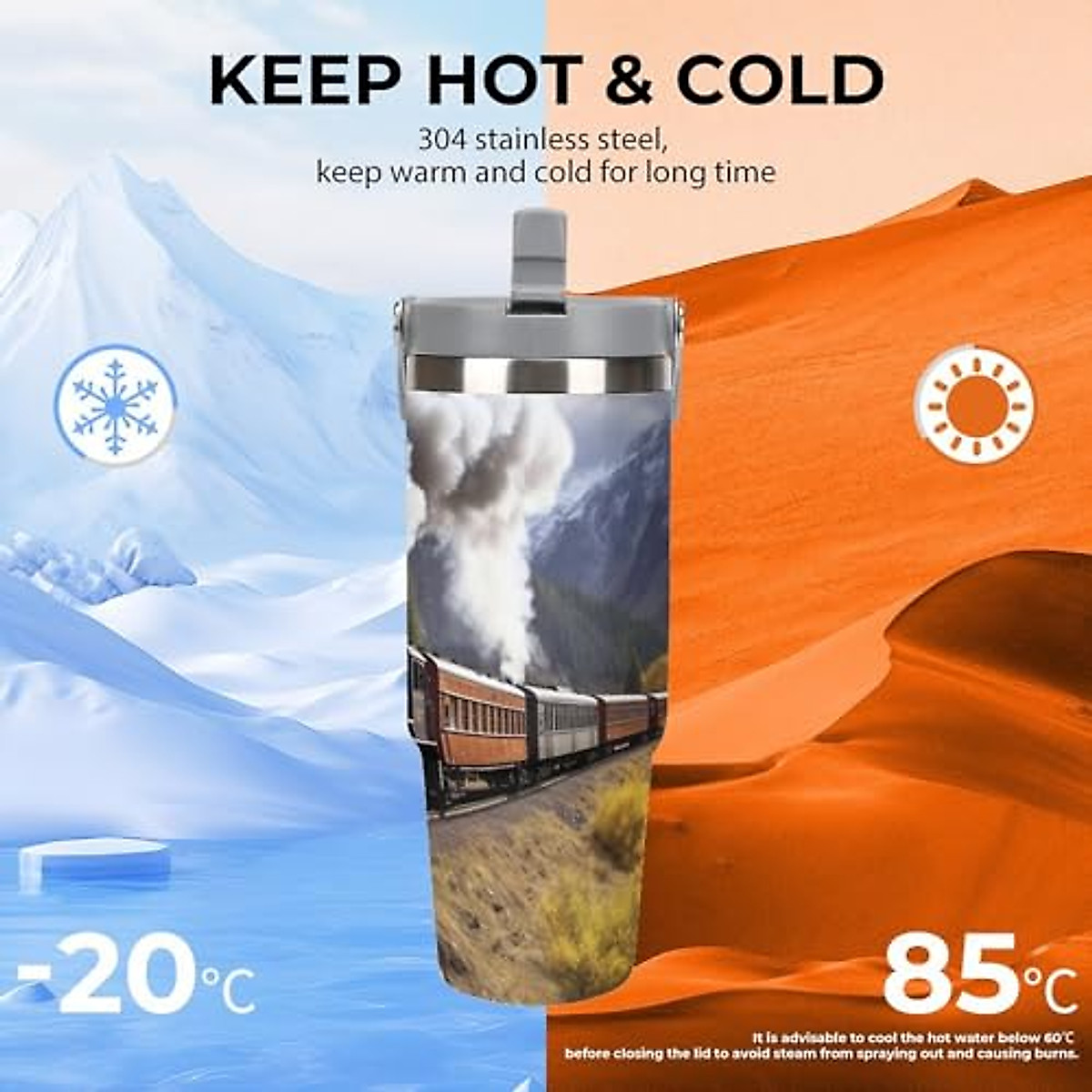 RTFGHJS Steam Locomotive Train 30 Oz Tumbler with Handle And Flip Straw, Stainless Steel Vacuum Insulated Travel Mug, Thermal Cup for Coffee, Water, Iced Drinks, Fits Car Cup Holders (Home, Sports)