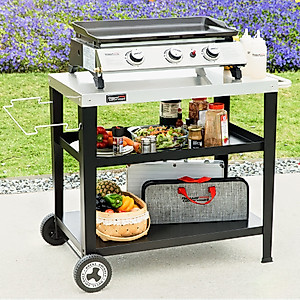 Grills House Movable 3-Shelf Grill Cart with Wheels, 33.5" L x 20" W Stainless Steel Tabletop, Multifunctional Dining Table for Pizza Oven, Food Prep, Outdoor Garden BBQ Trolley, PC-AMZ-3404S, Silver