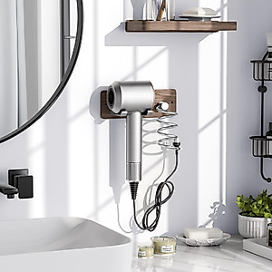 Tindbea Hair Dryer Holder Curling Iron Holder Flat Iron, Blow Dryer Holder Wall Mount, Bathroom Hair Tool Organizer Rack for Universal Dryer, Walnut Brushed Nickel