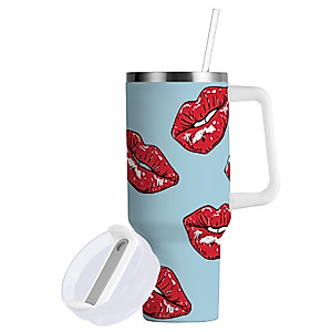 ALAZA Red Lips Lipstick 40 oz Tumbler Stainless Steel Water Bottle Vacuum Insulated Cup with Straw Lid & Handle For Travel Car Cup Holder