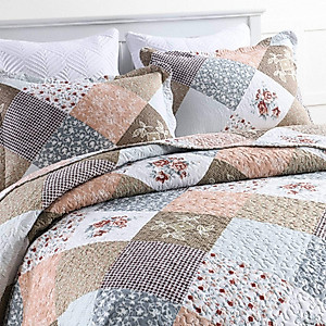 HoneiLife Quilt Set Queen Size - 3 Piece Microfiber Quilts Reversible Bedspreads Patchwork Coverlets Floral Bedding Set All Season Quilts,Mocha Rose-Queen/Full Size