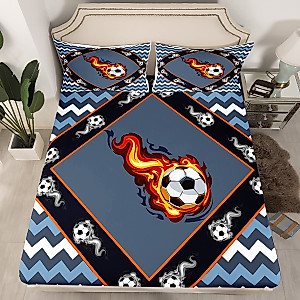 Erosebridal Soccer Sheet Set for Kids Boys Girls,Black Blue Geometric Striped Bed Sheets King,Flame Football Bedding Set,Modern Sports Ball Print Fitted Sheet + Top Sheet + 2 Pillowcases