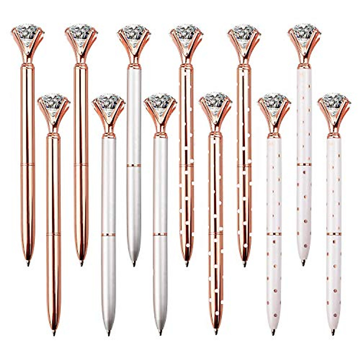 LONGKEY 12PCS Diamond Pens Large Crystal Diamond Ballpoint Pen Bling Metal Ballpoint Pen Office and School, Silver/White Rose Polka Dot/Rose Gold/Rose Gold with White Polka Dots,12Pen Refills. ?