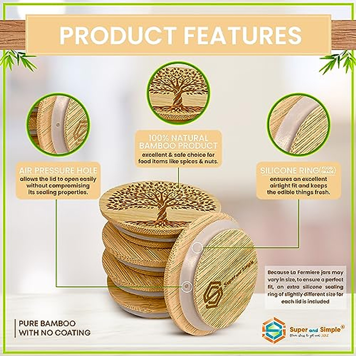 La Fermiere Yogurt Container Covers – Tree of Life Design or Choose a Design - 4 Bamboo Wood Lids Set With Extra Silicone Gaskets - Perfect Airtight Fit