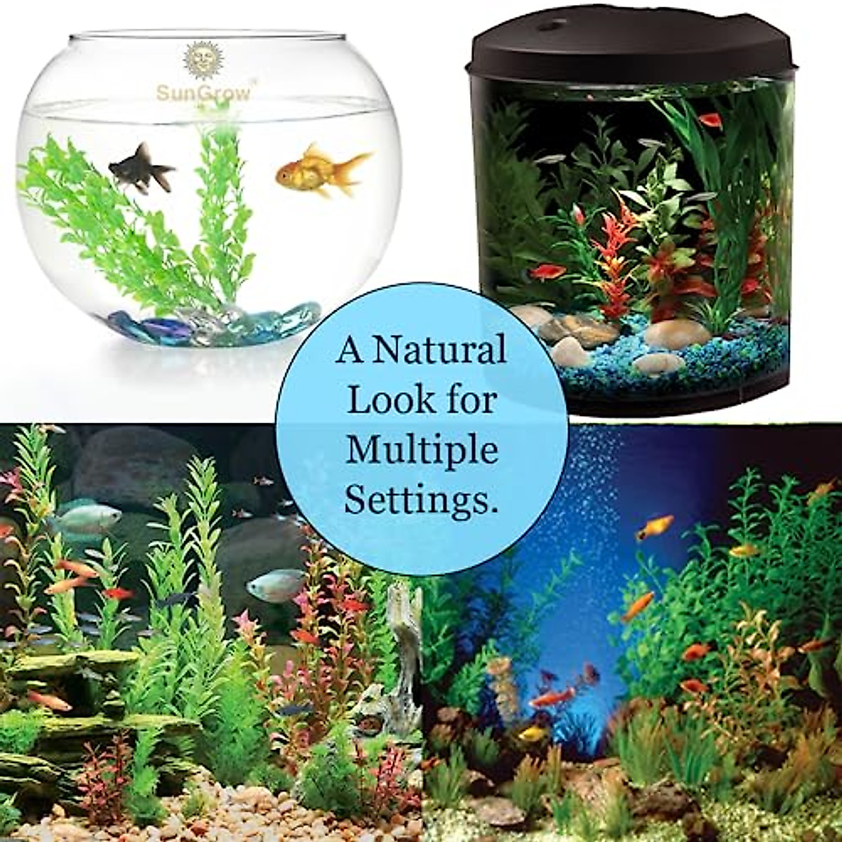 SunGrow Plastic Aquarium Plant Set, Vibrant Green Leaves with Resin Base, 3 Pieces per Pack