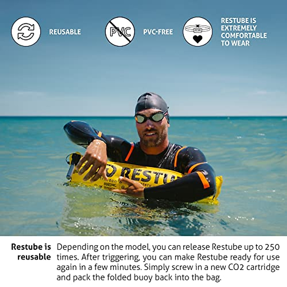 Restube Active Swimming Safety Buoy for Adults and Kids - Open Water Swim Buoy to Help Swimmers Stay Afloat - One-Pull Inflatable Mechanism Life Buoy with Whistle