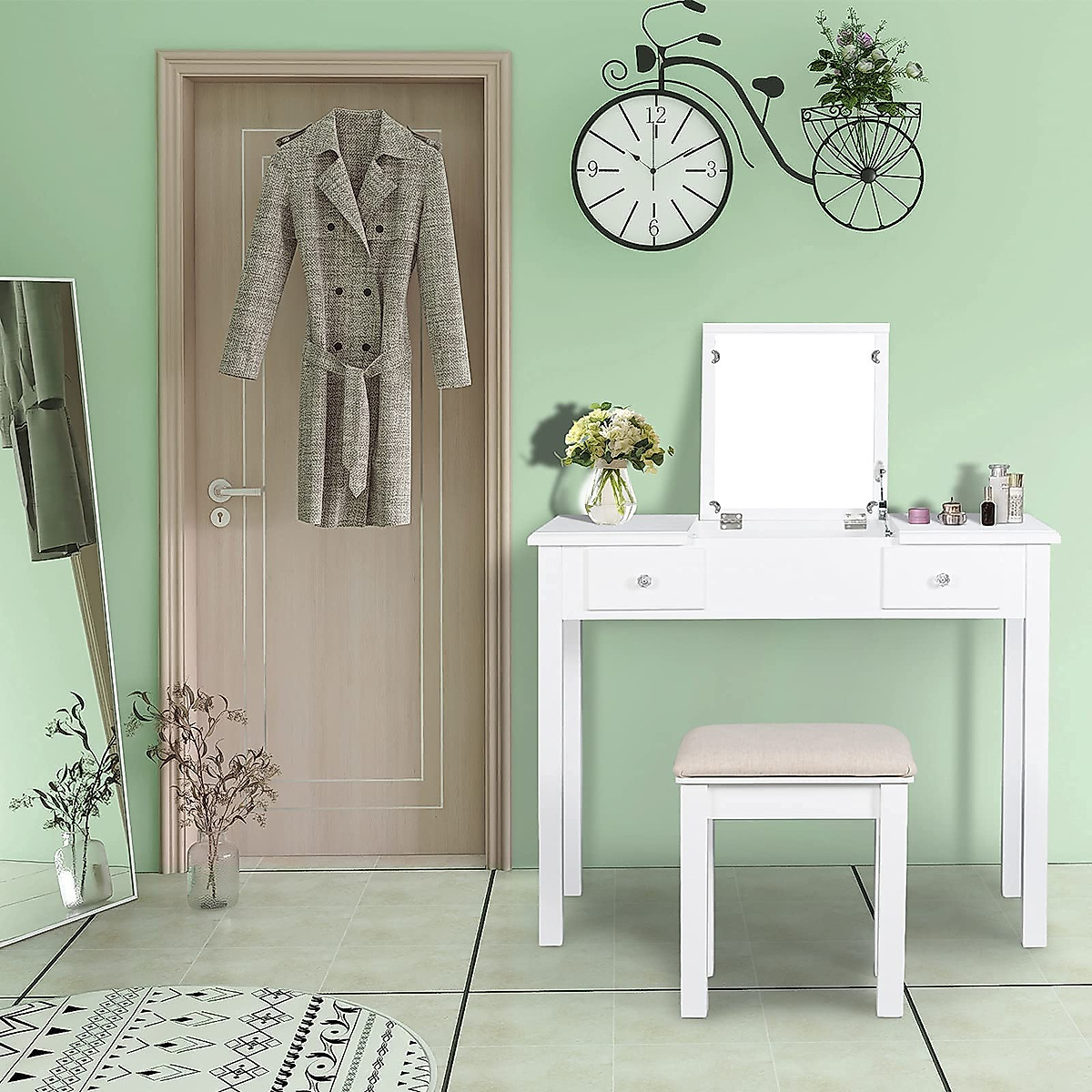 AODAILIHB Vanity Table with Flip Top Mirror Makeup Dressing Table Writing Desk with Cushioning Makeup Stool Set, 2 Drawers 3 Removable Organizers Easy Assembly (White)