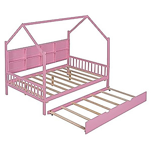 Full Size House Beds with Trundle and Storage Shelves,Wood Playhouse Tent Bed Frame, Montessori Style House Beds for Kids Girls Boys, Pink