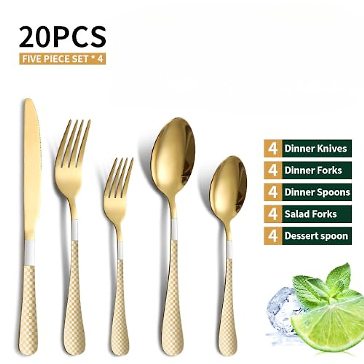 FEIJSQIU 20 Piece Gold Silverware Set Service for 4, Stainless Steel Shiny Cutlery Gold Flatware set Include Knives,Spoons,Forks For Home and Restaurant,Dishwasher Safe.