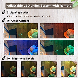 JXQTLINGMU 3-Sided Glass Fireplace TV Stand for 75 Inch TV, Large Farmhouse Media Console with LED Light, Highboy Entertainment Center with 3 Side Cutouts Glass Doors for Living Room, Antique Brown