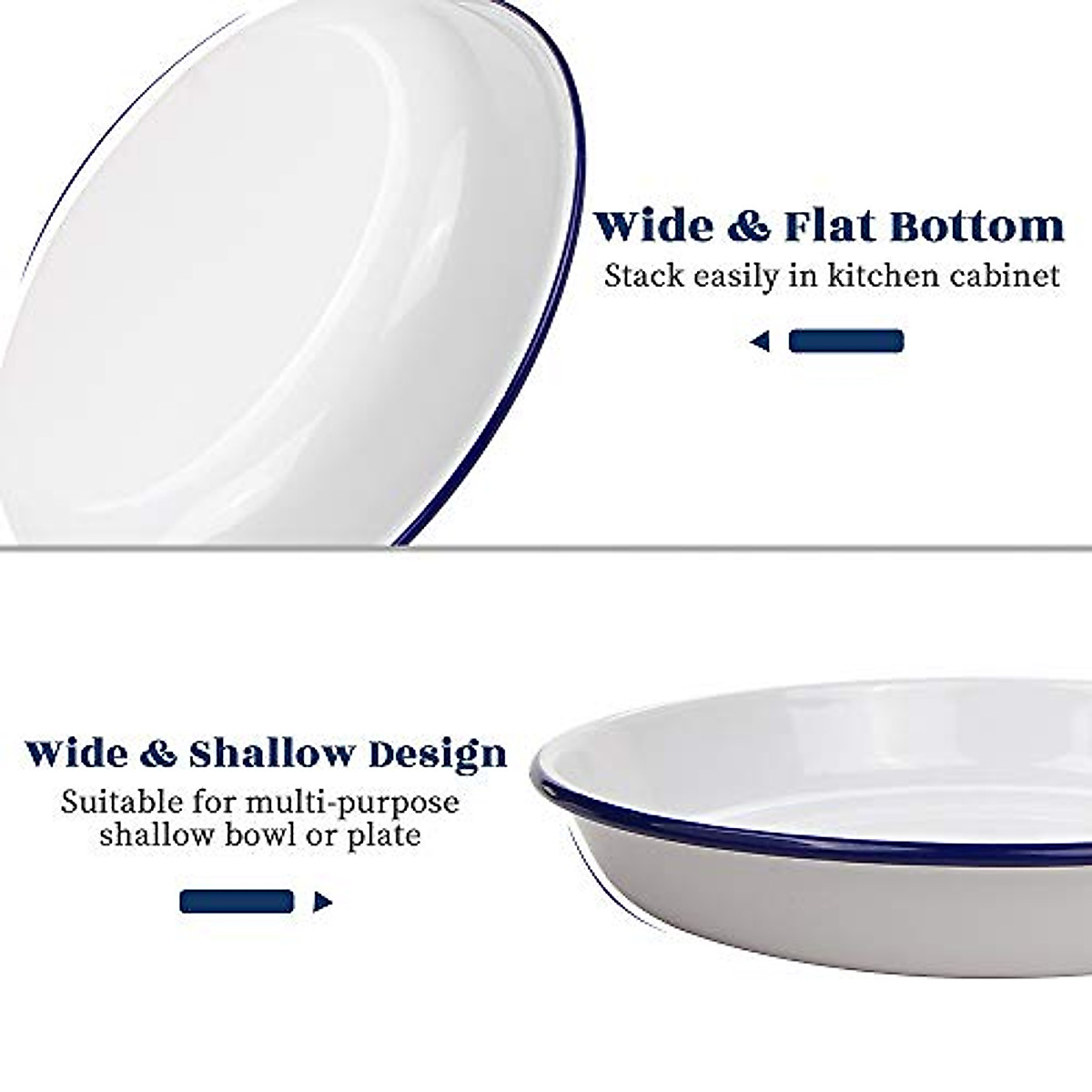 Webake 9.5 Inch Enamel Plates, 2 Pack Salad Pasta Bowls Enamelware Dinner Plates White Body with Blue Rim, Serving Trays for Dinner, Outdoor, Picnic, BBQ, Butter