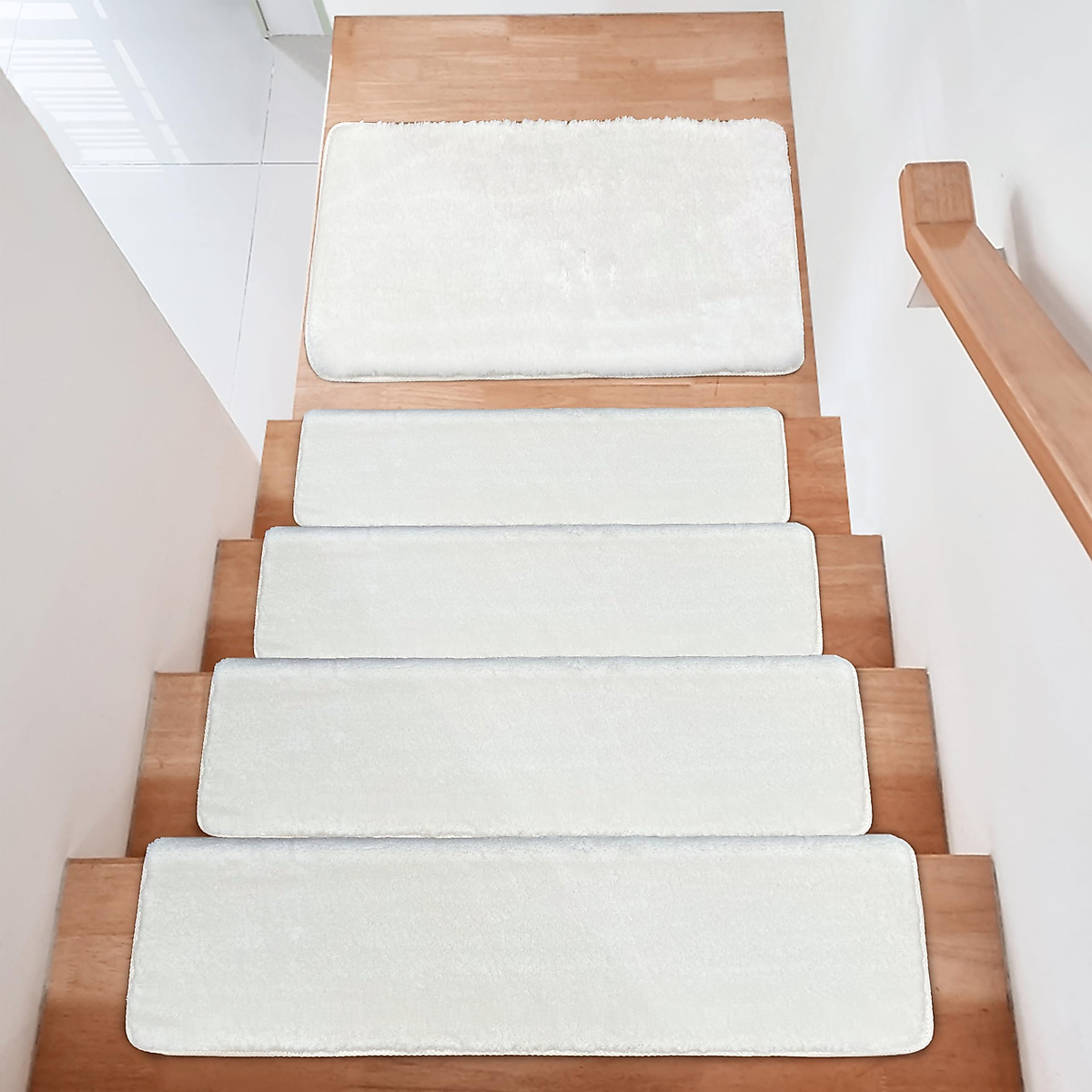 PURE ERA Carpet Stair Treads Ultra Plush 9.5" X 30"Soft Bullnose Indoor Stair Protectors Pet-Friendly Non-Slip Skid Resistant Tape Free Washable Reusable(2 Pieces,White)