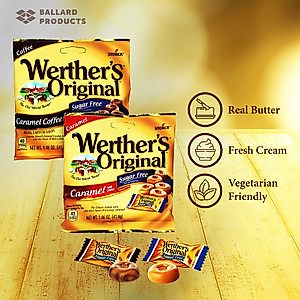 Werthers Sugar Free Hard Candy Variety Pack of 6 - 3 Bags Each Flavor - Original Hard Candy and Caramel Coffee - Individually Wrapped Sugar Free Candy - Bundle with Ballard Products Pocket Bag