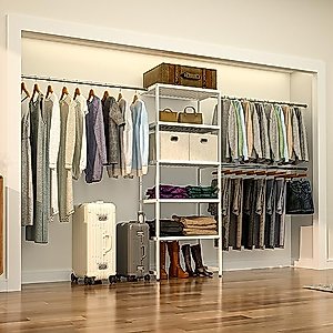 Homde Closet Organizer Storage System with 2 Storage Drawers and 3 Expandable Stainless Steel Hanger Rods,Bamboo Clothing Garment Rack,Freestanding Wardrobe Closet for Bedroom,White