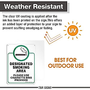 Designated Smoking Area Sign, Use Cigarette Bins Sign - 2 Pack - 10 x 7 Inches Rust Free .040 Aluminum - UV Protected, Waterproof, Weatherproof and Fade Resistant - 4 Pre-drilled Holes