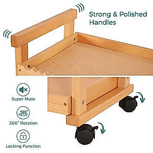 VISWIN 37" H Wood Storage Rolling Cart, Solid Beech Wood 3 Tier Rolling Cart with 4 Lockable Wheels, Multifunctional Art Craft Cart Organizer for Art Supplies, Studio, Classroom, Bedroom, Kitchen