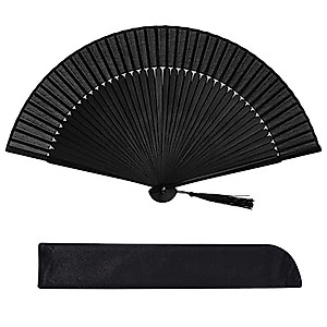 Wobe Hand Held Bamboo Silk Folding Fan, Chinese Japanese Handheld Fan with Tassel Wooden Charming Elegant Vintage Retro Style for Women Ladys Girls Dance Party Home Decorations