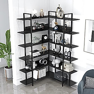 Bellemave 6-Tier Corner Bookshelf, L-Shaped Bookcase Freestanding Storage Shelves with Metal Frame, Triangle Shelf Adjustable Foot Pads for Living Room, & Small Spaces (Black)