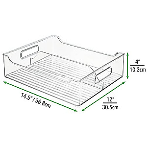mDesign Wide Plastic Kitchen Pantry Cabinet, Refrigerator, Freezer Food Storage Bin with Handles - Divided Organizer for Fruit, Yogurt, Snacks, Pasta - BPA Free, 14.5" Long, 2 Pack - Clear