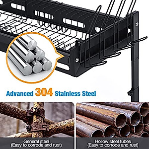 LEPO Over The Sink Dish Drying Rack, 2 Tier Stainless Steel Adjustable Length (25.6-33.5in) & Height(20.5-24.4in) Large Dish Rack Drainer with Utensil Holder for Kitchen Countertop Organizer, Black