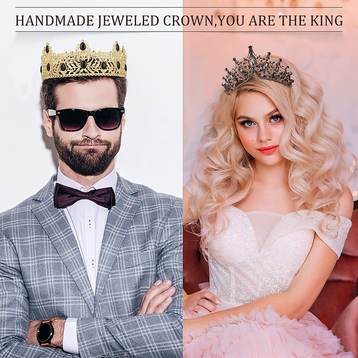 Ferraycle 2 Pcs Crowns for Men Women King Royal Crown with Black Rhinestone Crystal Queen Royal Round Crown Halloween Medieval Princess Costume for Wedding Homecoming Prom Party Decorations