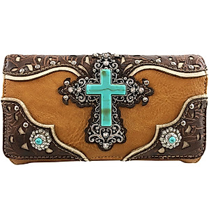 Justin West Western Tooled Laser Cut Turquoise Rhinestone Silver Cross Studded Shoulder Tote Handbag Purse (Tan Wallet)