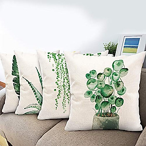 Hexagram Decorative Green Plant Pillow Covers 18x18, Succulent Green Leaf Summer Throw Pillow Covers Set of 4 for Living Room Couch Sofa Patio Outdoor Indoor Summer Cactus Green Home Decor