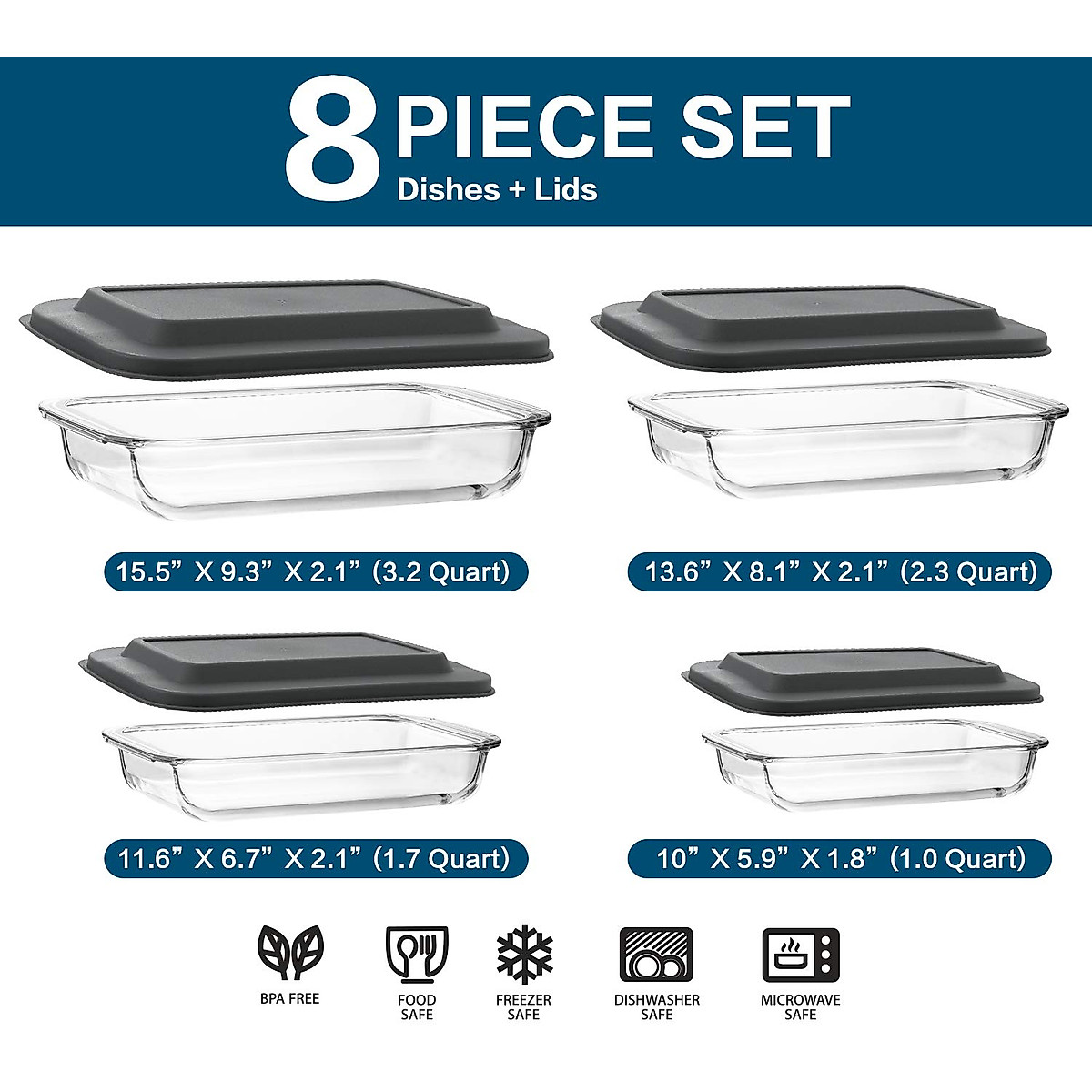 MCIRCO 8 Pcs Glass Baking Dish Set with Lids, 9 Pcs Stainless Steel Baking Sheet Tray Cooling Rack with Silicone Baking Mat Set, For Cooking, Baking