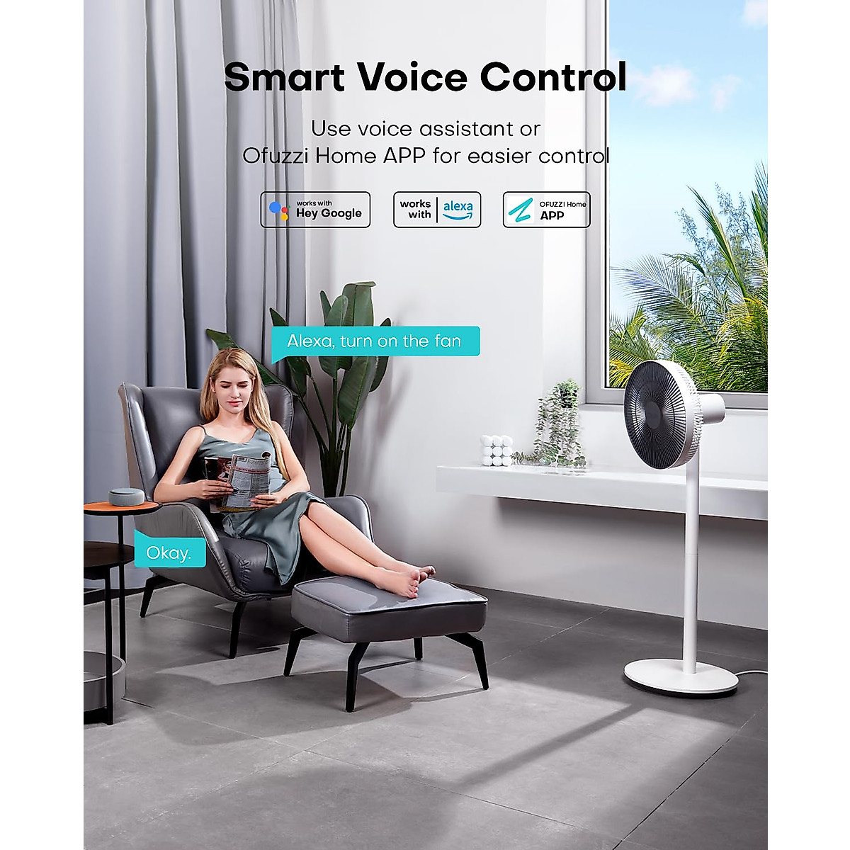 Ofuzzi Breeze 10 Smart Pedestal Fan for Bedroom, Smart Fans works with Alexa/Google, 27db Pedestal Fan for Indoors, 100 Speeds, 140° Oscillating Fan, 46ft Vented Portable Stand Fan for Quiet Spaces