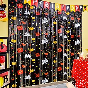 Bupelo Mickey Birthday Party Supplies, 2 Pack Mickey Theme Tinsel Foil Fringe Curtains,Cartoon Mouse Patterns Photo Booth Prop Backdrop Streamer, Mickey Birthday Party Decorations, Room Decor for Kids