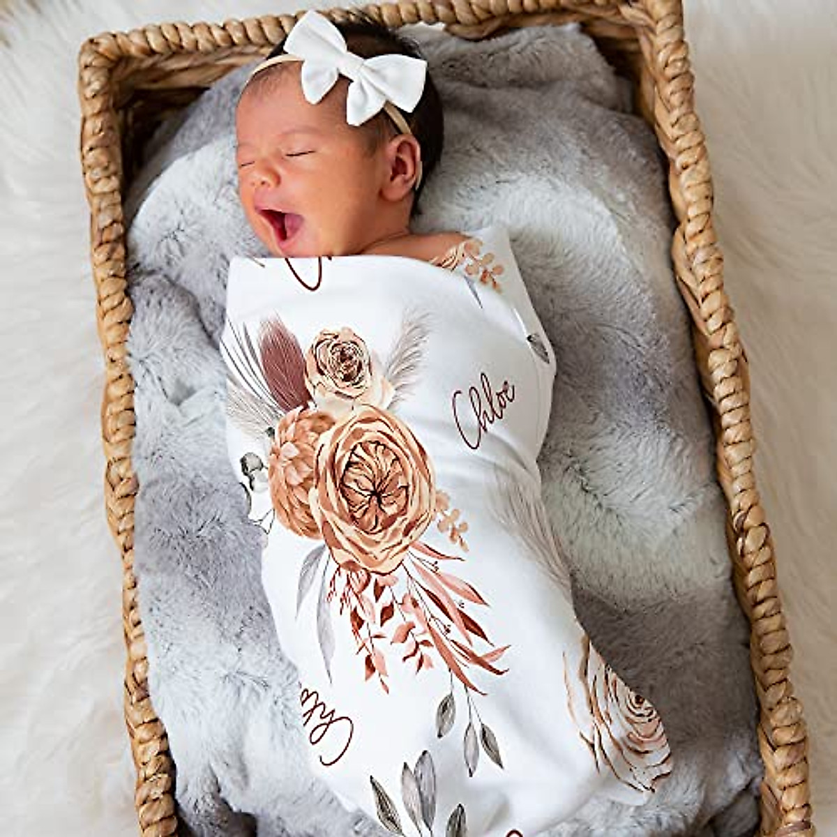 Stork Wares Boho Caramel Floral Personalized Baby Girl Swaddle Blanket, White, 30x40', (BB335)