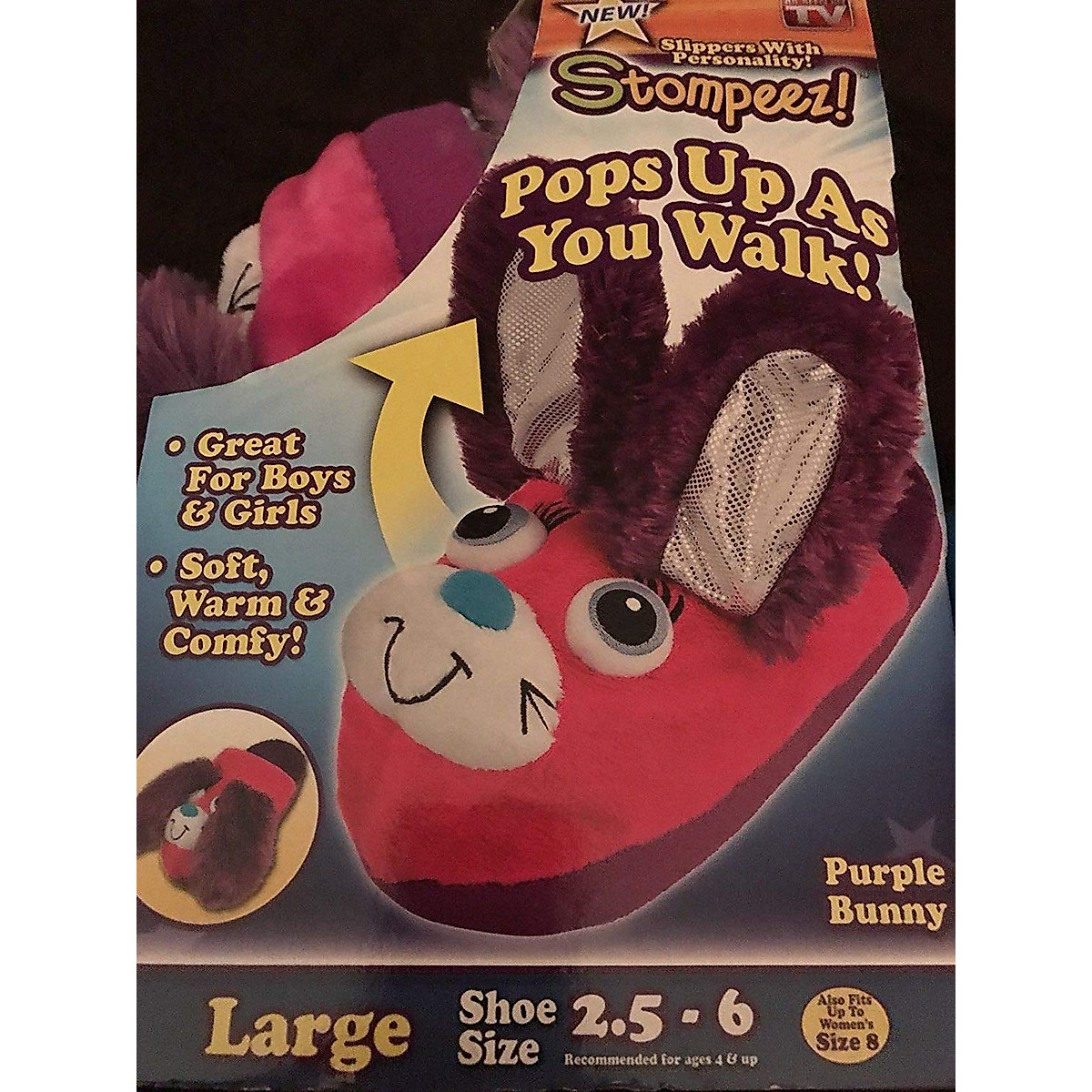 Stompeez Bunny Slippers With Personality! Purple / Pink, Large Size 2.5-6