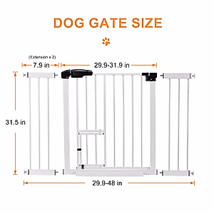 NCDCNI Pet Gate for Dogs, Dog Gate Indoor with Cat Door Walk Through Auto Close Pet Gate for Stairs Safety Gate Doggy Gate Pressure Mounted Kit Included [29.9-48" Extra Wide & 31.5" Height]