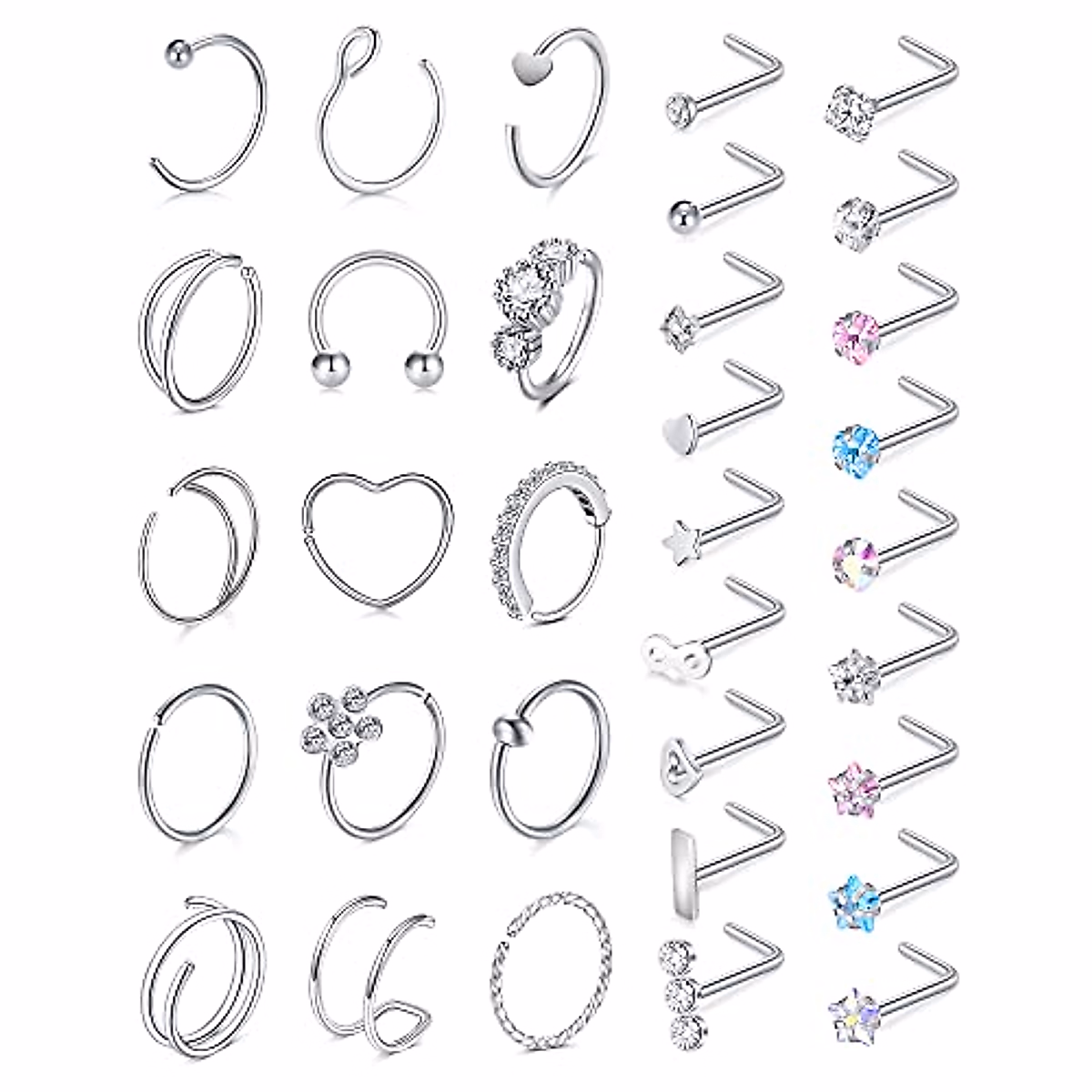Incaton 33PC 20G Stainless Steel Nose Rings Hoops L Shaped Studs Screw Nose Piercings Jewelry for Women Men Silver Rose Gold Black Rainbow