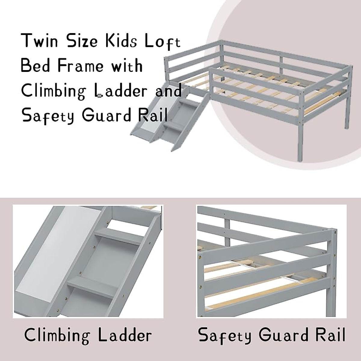 Low Loft Bed with Slide, Twin Size Kids Loft Bed Frame with Climbing Ladder and Safety Guard Rail, Wood Junior Loft Bed for Girls, Boys, Kids, Matte Gray.
