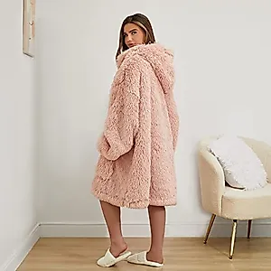 Sienna Fluffy Long Fibre Fleece Sherpa Lined Super Soft Hoodie Blanket Adults Oversized Giant Christmas Jumper Gift Throw - Blush Pink