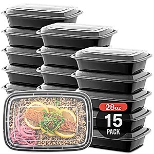 PROMOZE 15-Pack Meal Prep Plastic Microwavable Food Containers with Tight Safety Lid Covers (28 oz.) - Black Rectangular Reusable Storage Lunch Boxes - BPA-Free Food Grade - Freezer & Dishwasher Safe
