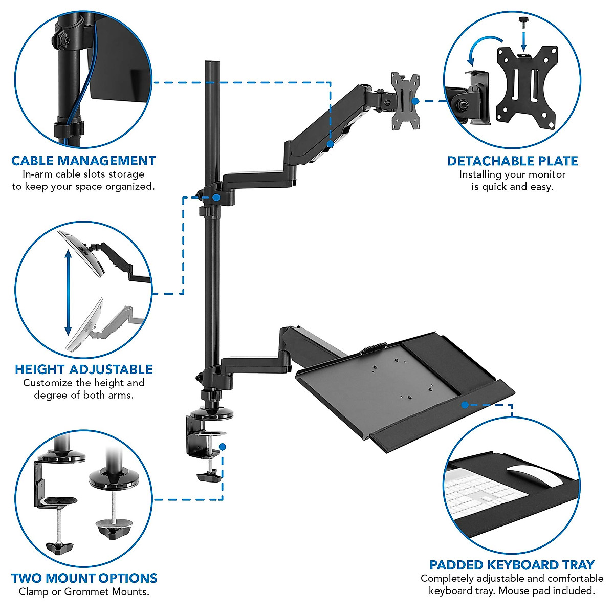 MOUNT-IT! Sit Stand Monitor Desk Mount [Fits 32" Screens] Height Adjustable, Full-Motion Articulating Arm with Keyboard Tray and Cable Management (Black)