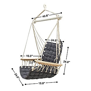 ROOITY Hammock Chair Hanging Swing with Wooden Armrests;Steel Spreader Bar and Anti-Slip Rings;Cotton Woven Fabric;Up to 300 Lbs for Bedroom,Patio,Porch,Deck-Indoor Outdoor Grey