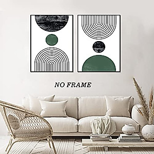 Mid Century Modern Wall Art Boho Abstract Painting Green Geometric Print Minimalist Boho Pictures Olive Green Poster Geometric Abstract Painting Black Line Boho Wall Art for Bedroom 16x24inx2 No Frame