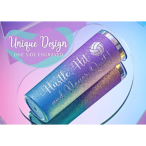 Onebttl Volleyball Gifts for Teen Girls & Team, Stainless Steel Kids Volleyball Tumbler, Double Wall Vacuum Insulated Bottle with Lid and Straw 20oz - Never Quit (Glitter Purple Blue)