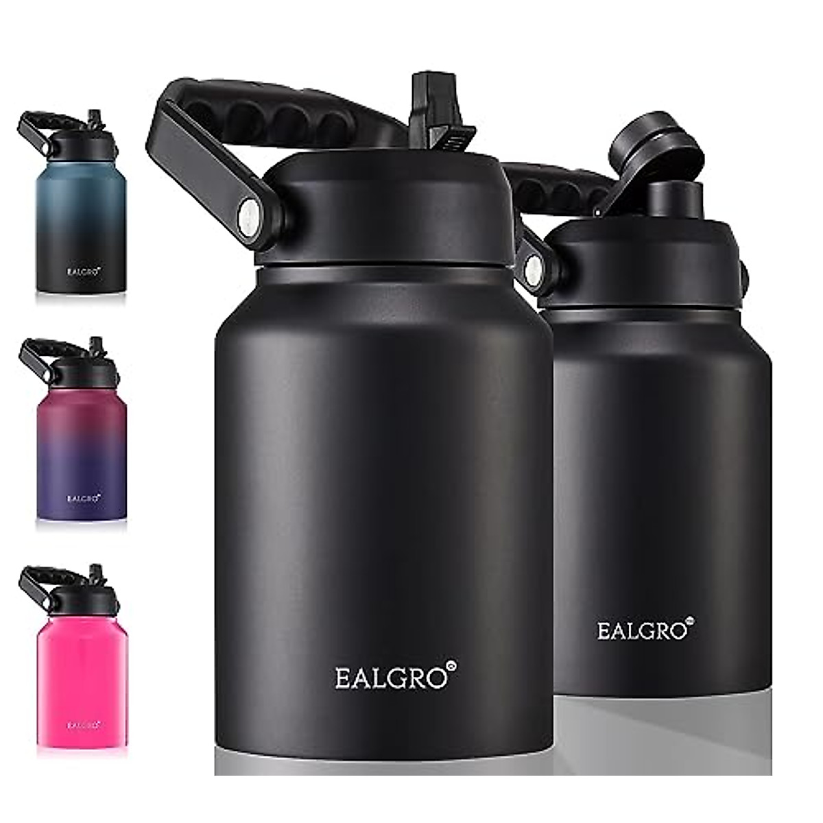 EALGRO Half Gallon Insulated Water Bottle Jug with Straw, 64 oz Large Stainless Steel Sports Metal Water Flask with Handle, Thermal Water Cup Mug with 2 Lids, Black