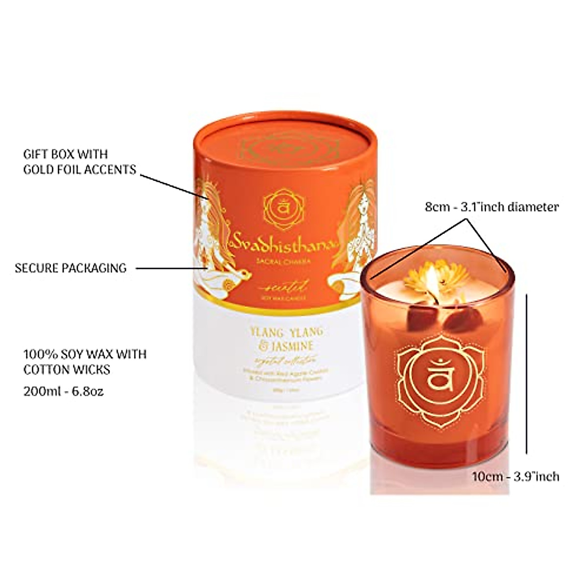 SUZIEJO Aromatherapy Candle Sacral Chakra Ylang Ylang Jasmine Essential Oil Scented Candles Red Agate Crystals & Healing Stones Spiritual Gifts for Women Soy Candle Stress Relief Candle Set
