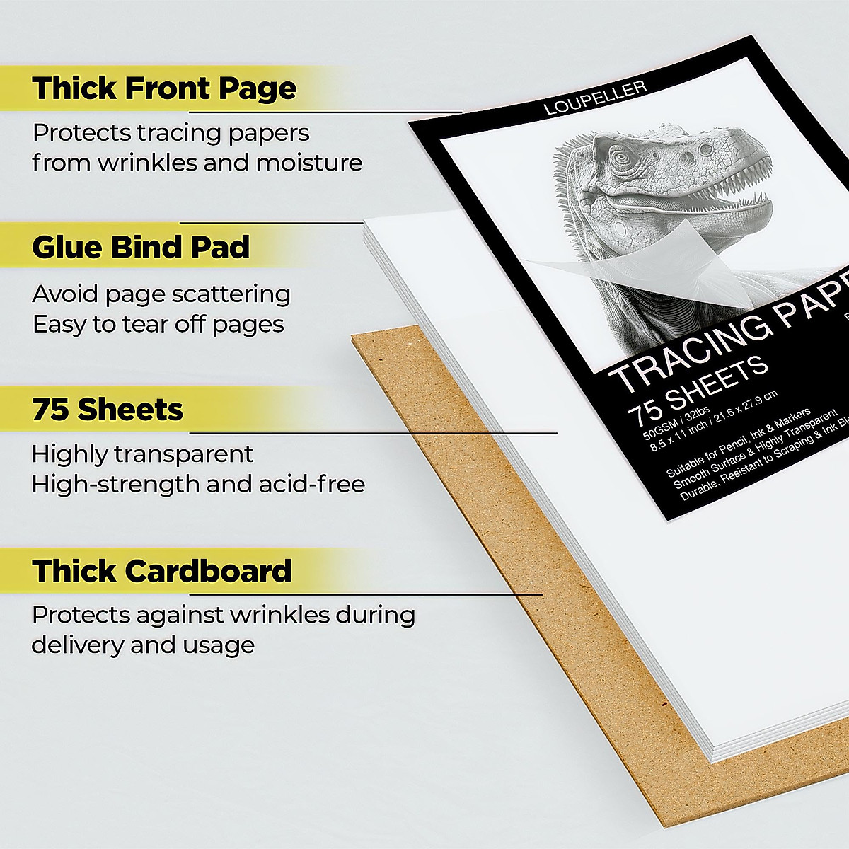LOUPELLER 8.5” x 11” Tracing Paper for Drawing – 75 Sheets of 32lb / 50gsm – Wrinkle Free Highly Transparent Tracing Paper Pad – Works with Pen, Pencil & Marker – for Artists, Architects & Kids