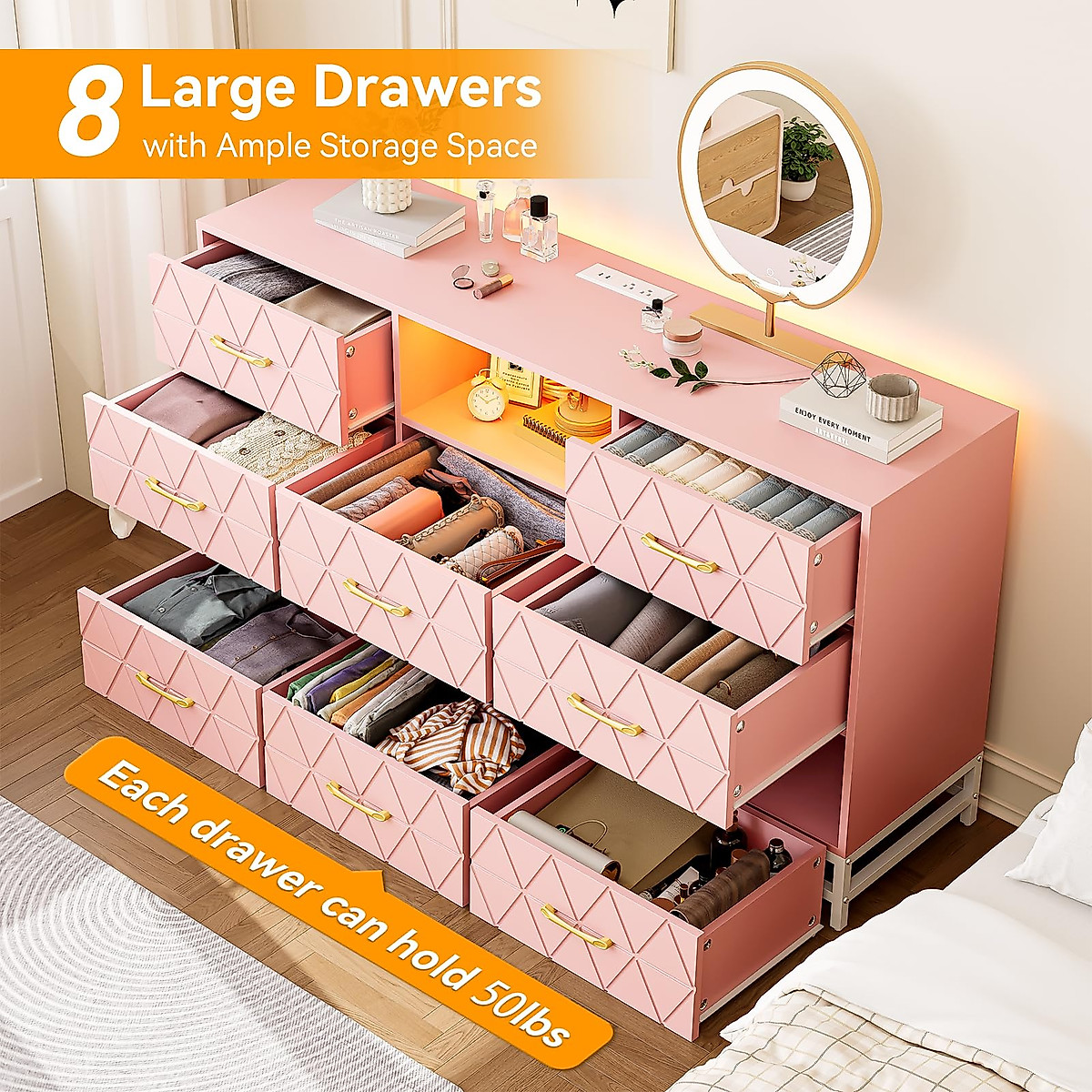 GarveeHome Pink Dresser for Bedroom with 8 Deep Drawer, 59" TV Dresser Wooden Large Long Dresser with Power Outlet and LED Lights, Modern Chest of Drawers Storage Organizer for Living Room, Hallway