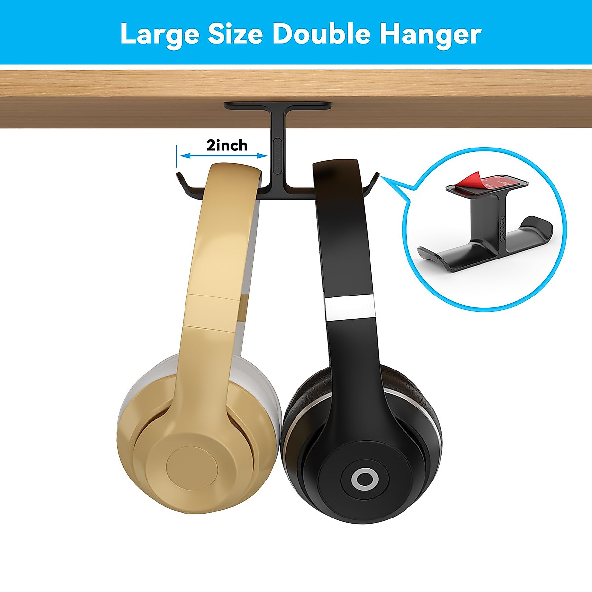 Yocice Upgraded Headphone Stand Hanger,Headset Holder Mount, Hook of Double Hanging Design with Strong Adhesive Tape for Headphones,H02U-Black-1PCS(Double Hanging)