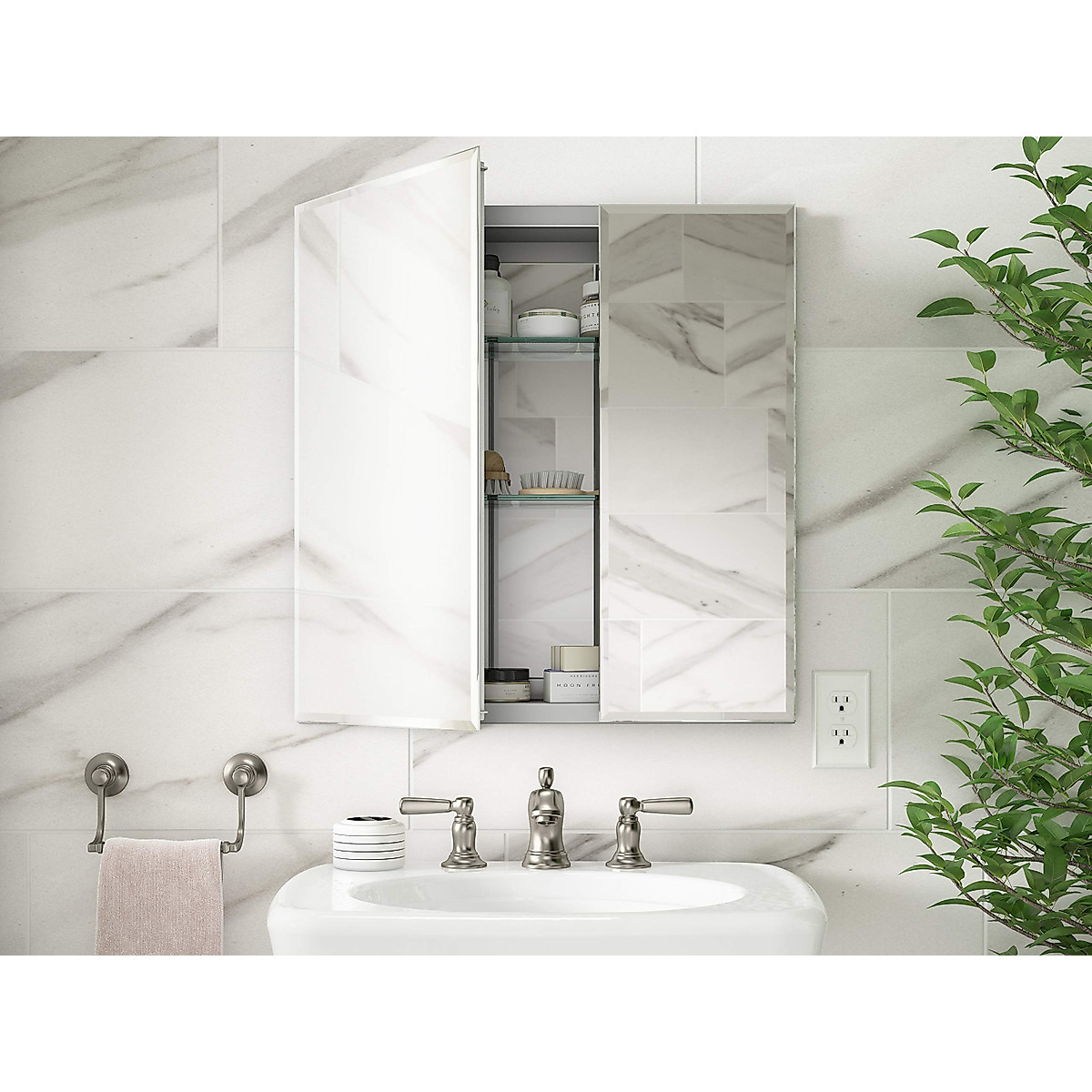 KOHLER CB-CLC2526FS CLC Flat 25" W x 26" H Two Medicine Cabinet with Mirrored Doors, Beveled Edges, Anodized Aluminum