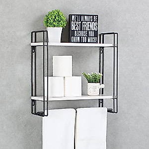 Industrial Bathroom Shelves with Towel Bar,24 inch Rustic Racks for Bathroom,2 Layers Farmhouse Rack Over Toilet,Pipe Wall Mounted,Home Decor Floating Holder (White)